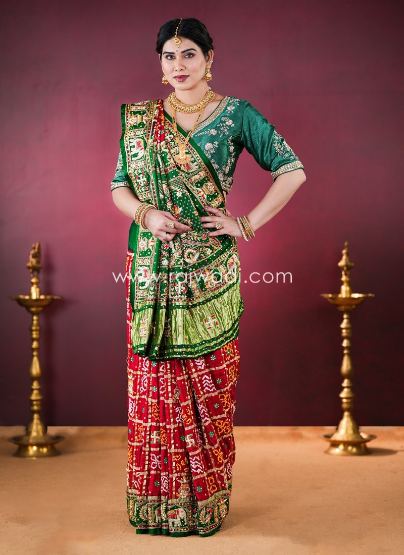 Gajji Silk Maroon And Green Gharchola Saree