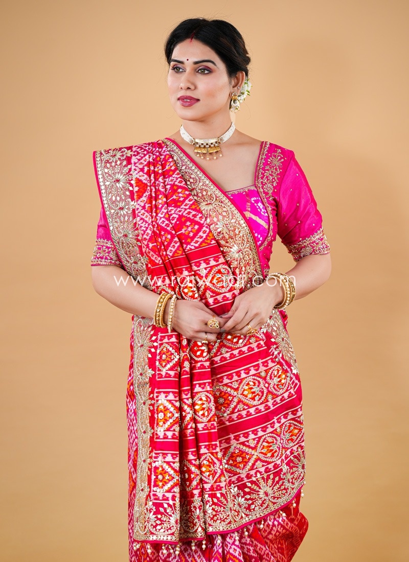 Crimson Silk Embroidered Patola Saree