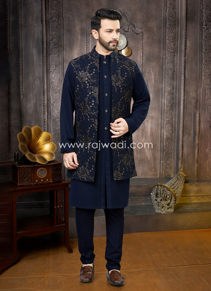 Readymade Cotton Silk Thread Embroidered Nehru Jacket Set For Men