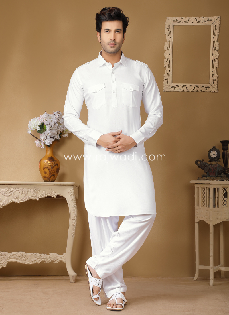 White Cotton Silk Straight Cut Pathani Suit