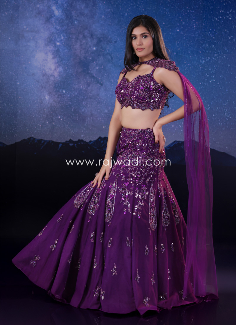 Gorgeous Purple Embroidered Fish Cut Lehenga Set