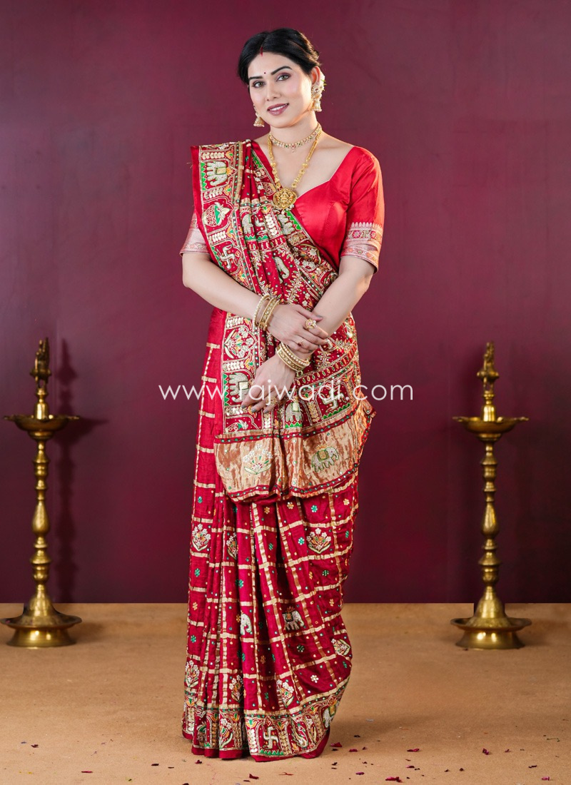 Gajji Silk Maroon Embroidered Gharchola Saree