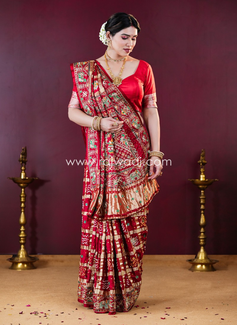 Maroon Embroidered Gajji Silk Gharchola Saree