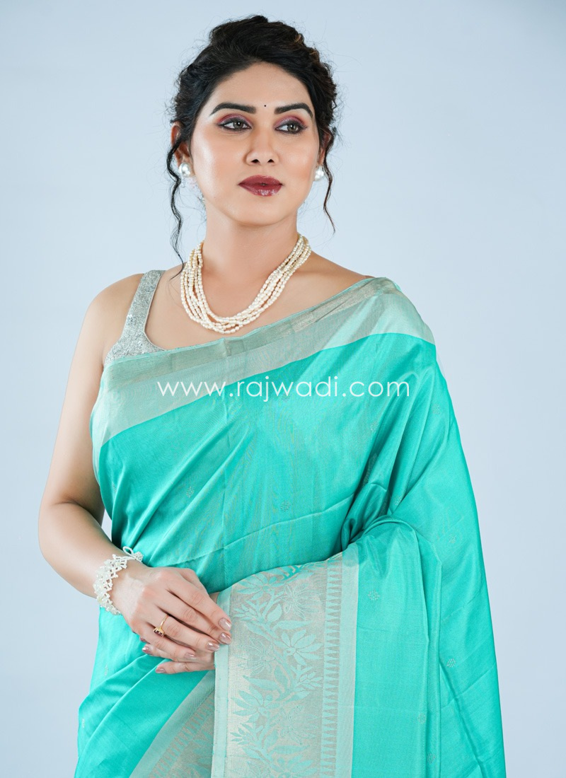Aqua Color Silk Saree With Sky Blue Border