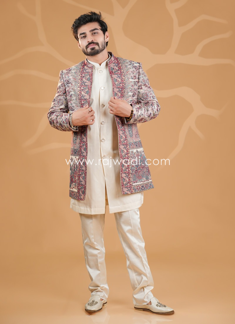 Rose And Cream Color Jacket Style Indowestern Suit For Men