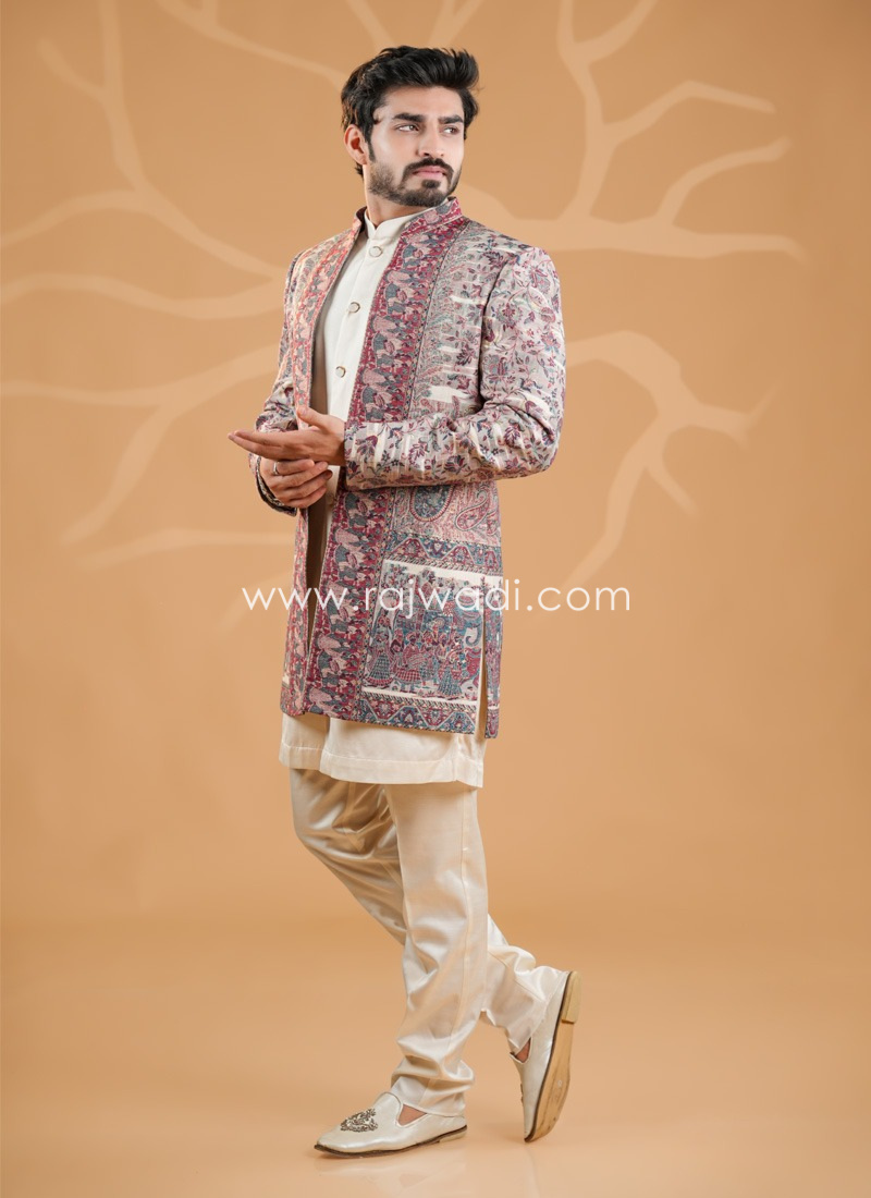 Rose And Cream Color Jacket Style Indowestern Suit For Men