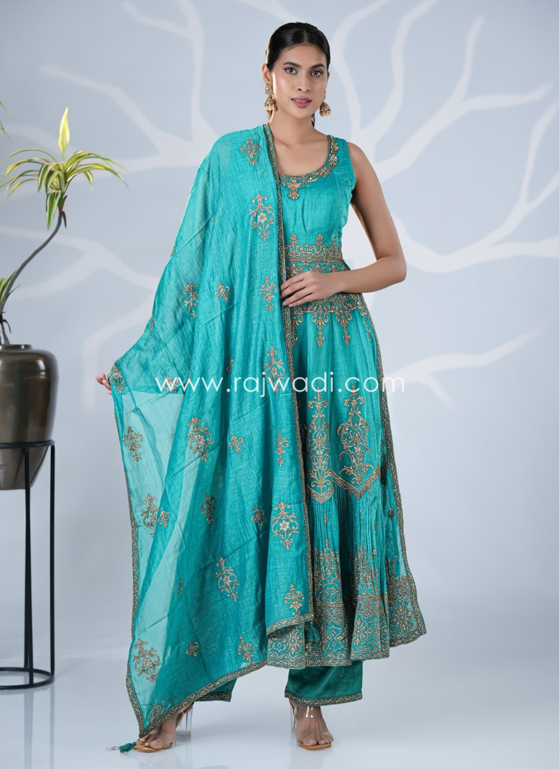 Rama Color Embroidered Silk Anarkali Suit