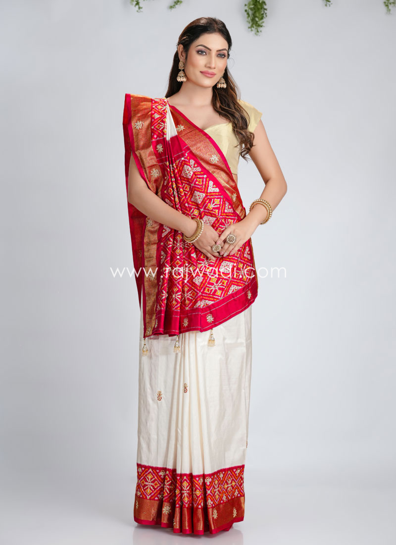 Off White And Rani Embroidered Silk Patola Saree