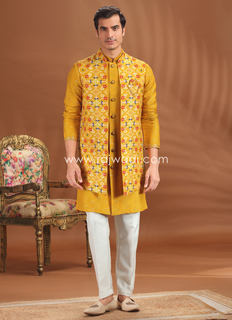 Mustard Yellow Embroidered Silk Nehru Jacket Set